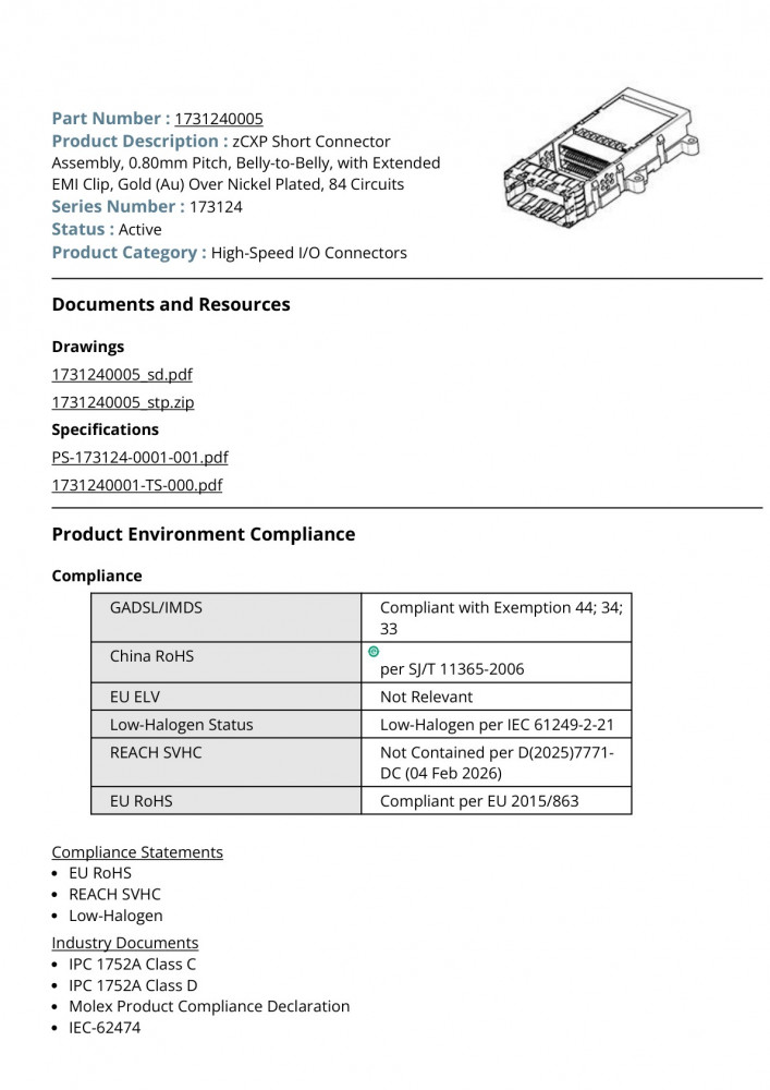 MOLEX 1731240005 technical document page 1