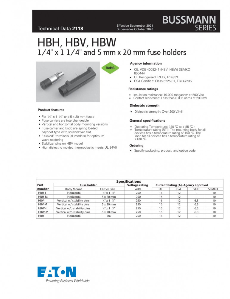 EATON HBH HBV HBW fuse holder technical document page 1