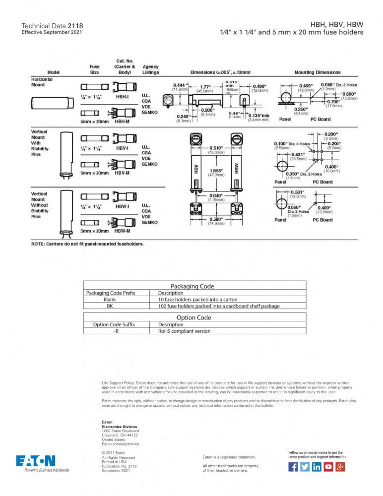 EATON HBH HBV HBW fuse holder technical document page 2