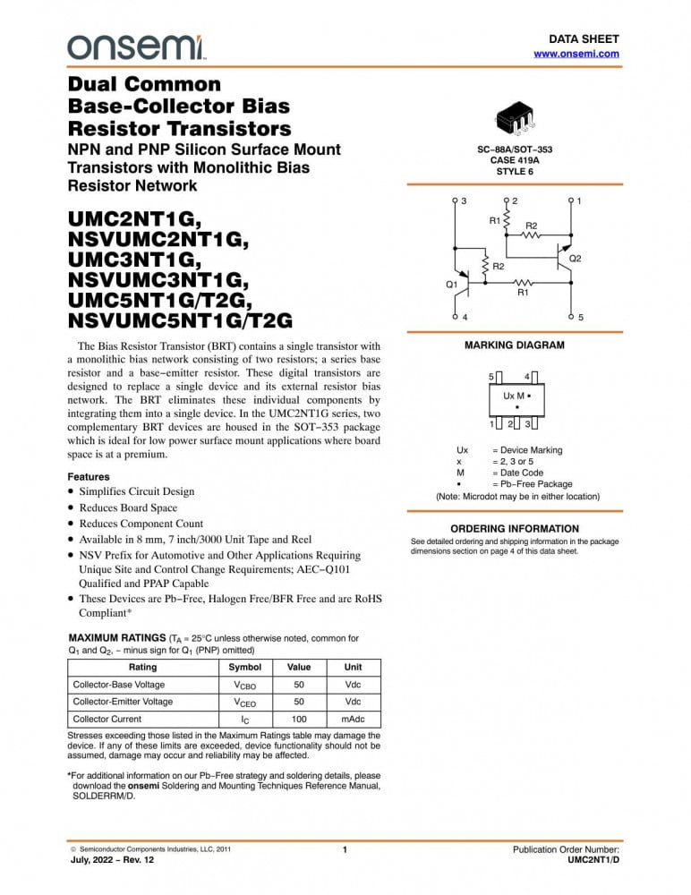 NSVUMC5NT2G datasheet page 1