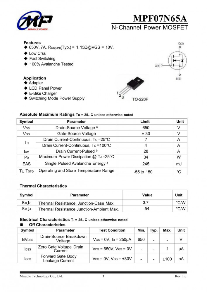 MPF07N65A datasheet page 1