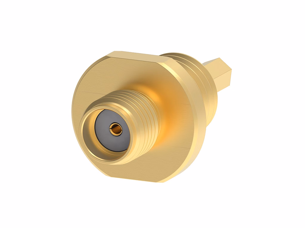 SMA Jack, Right-Angle, PCB Receptacle, Through Hole, Brass Body, Nickel (Ni) Plated, One Piece Per Bag, 50 Ohms