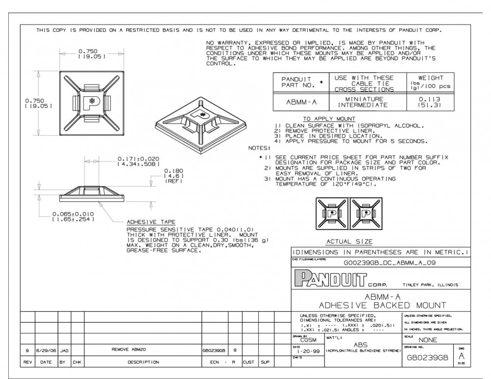 ABMM-A adhesive-backed mount technical drawing page