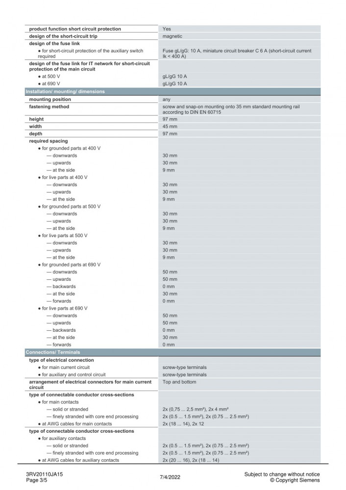 3RV20110JA15 datasheet page 3
