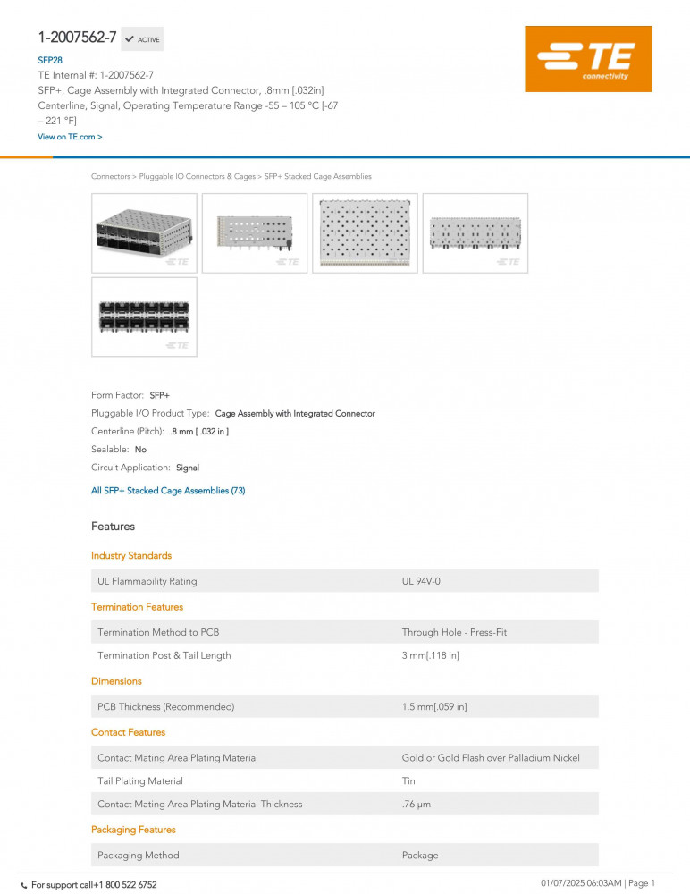 TE Connectivity technical document page 1