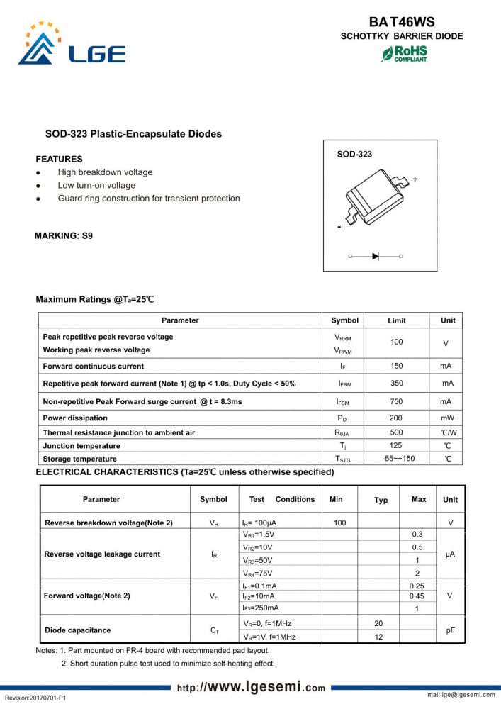 BAT46WS datasheet page 1