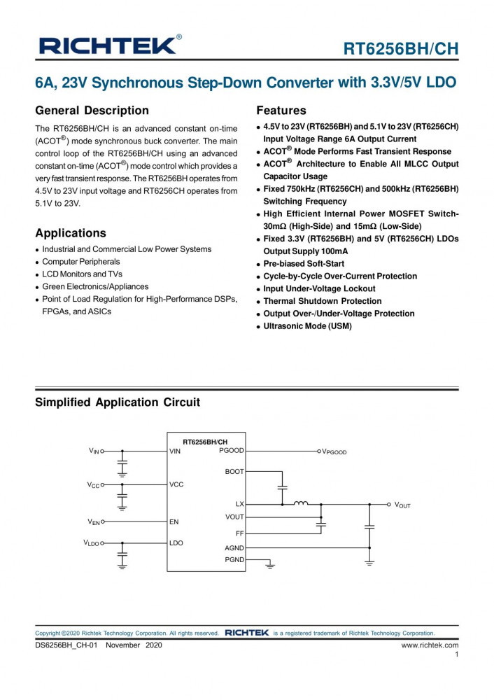 RT6256BH and RT6256CH datasheet preview, page 1