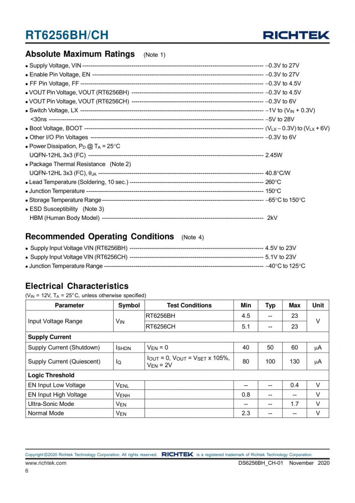 RT6256BH and RT6256CH datasheet preview, page 6
