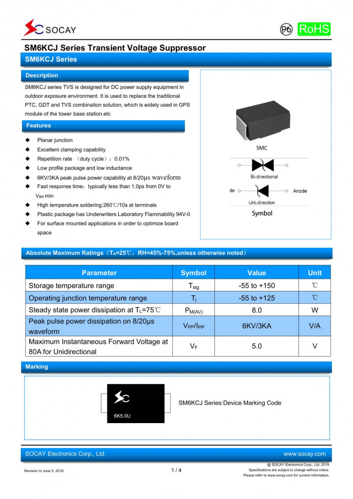 SM6KCJ series datasheet page 1