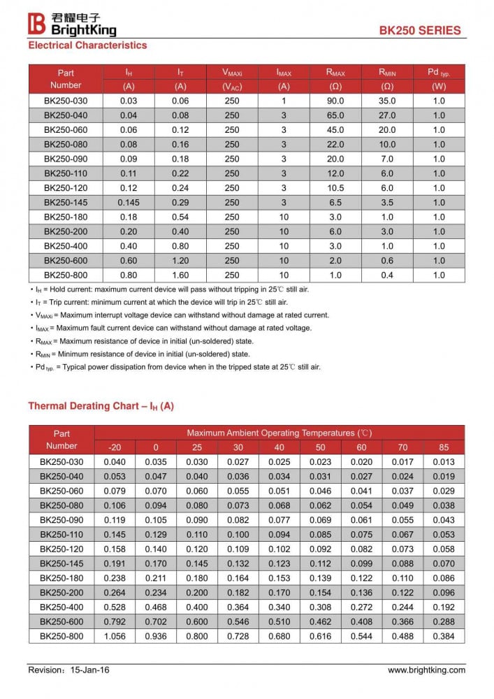 BK250 PTC datasheet page 2