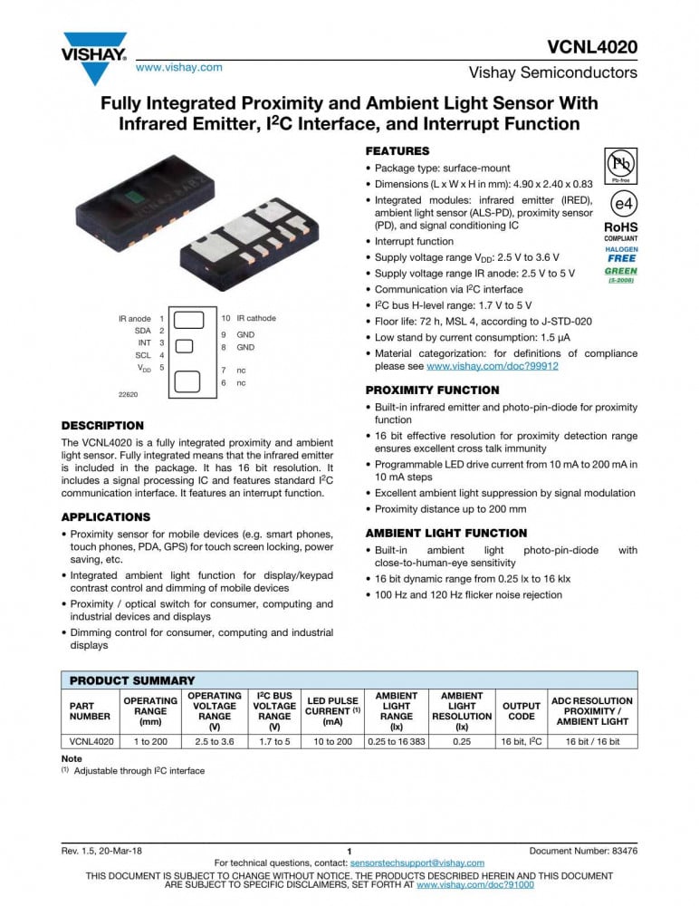 VCNL4020 datasheet page 1