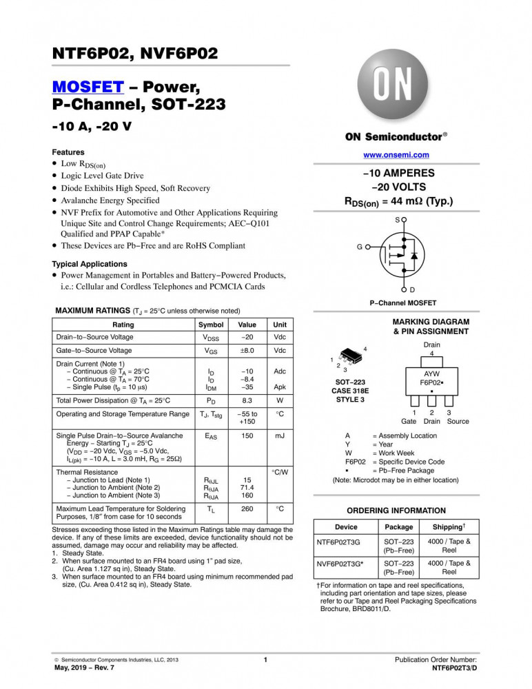 NTF6P02T3G datasheet page 1