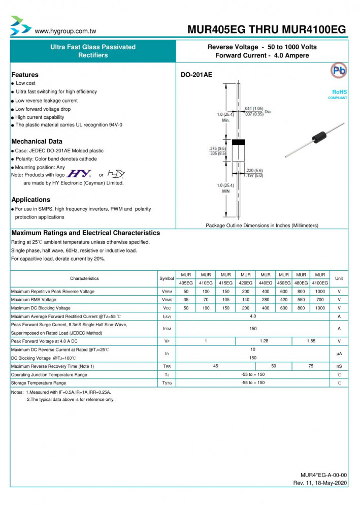 MUR480EG technical document page 1