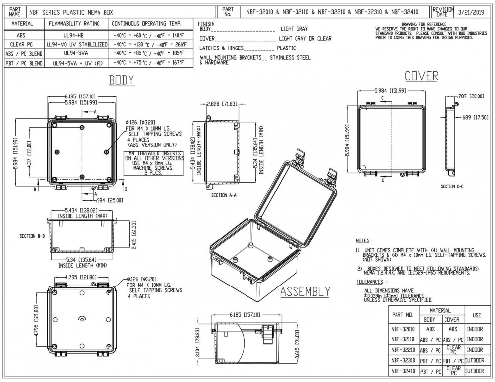 Bud Industries NBF Series enclosure product drawing