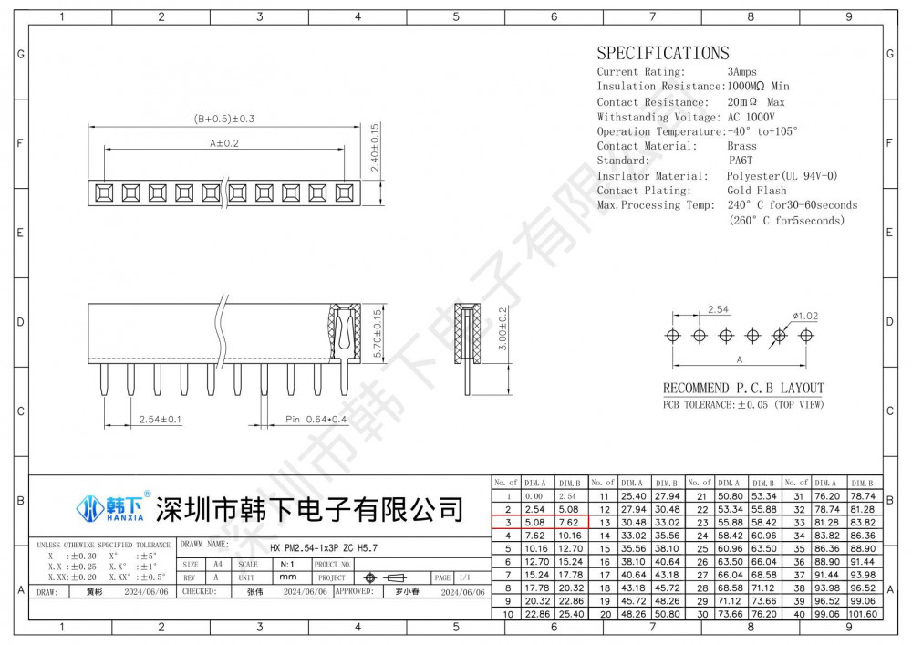 HANXIA HX PM2.54-1x3P ZC H5.7 technical drawing