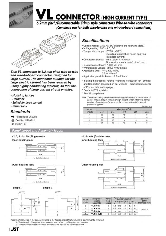 JST VL connector datasheet page 1