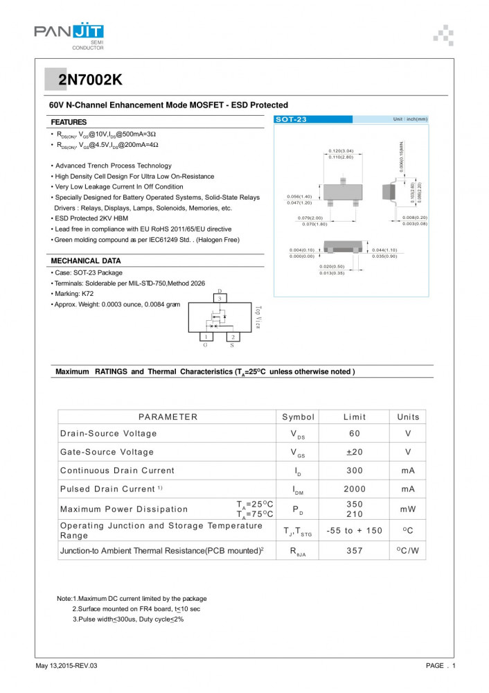 2N7002K datasheet page 1