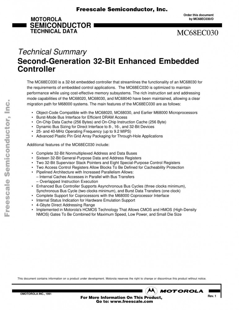 MC68EC030 technical document page 1