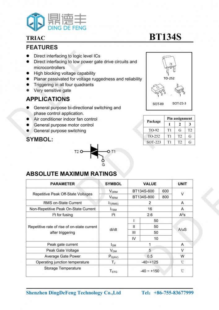 BT134S-600-SOT-89 datasheet page 1