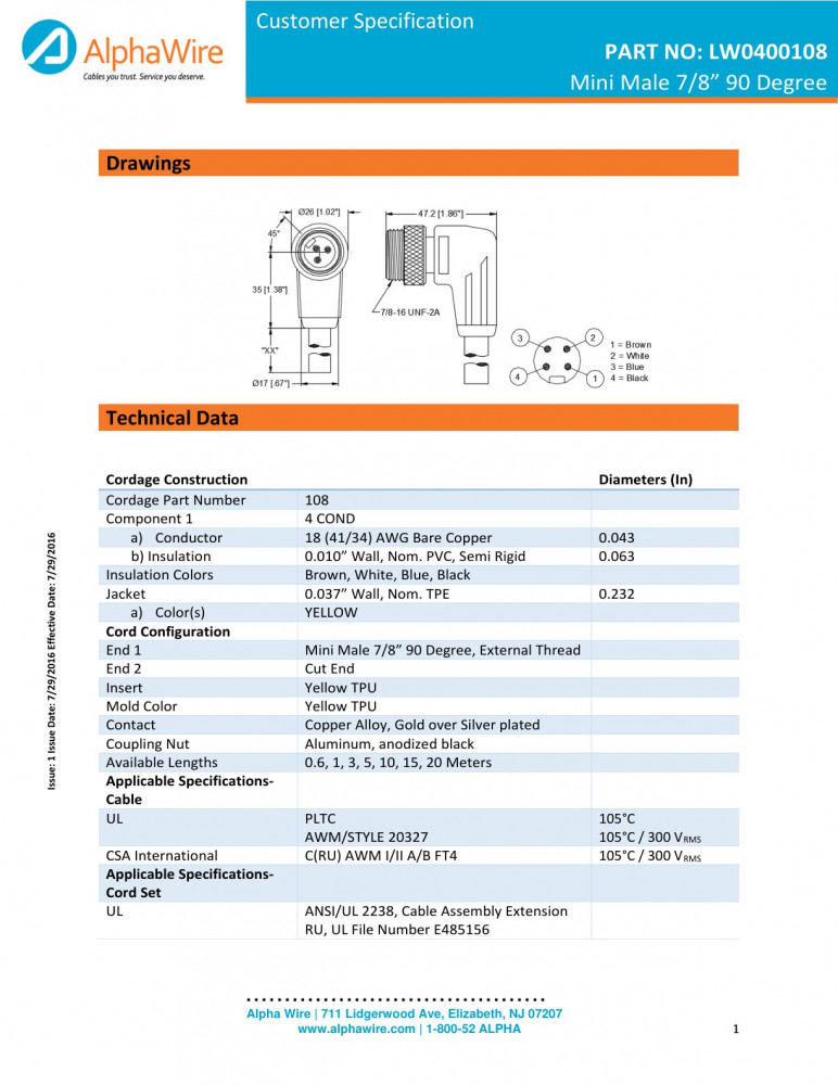 Alpha Wire LW0400108 technical drawing page 1