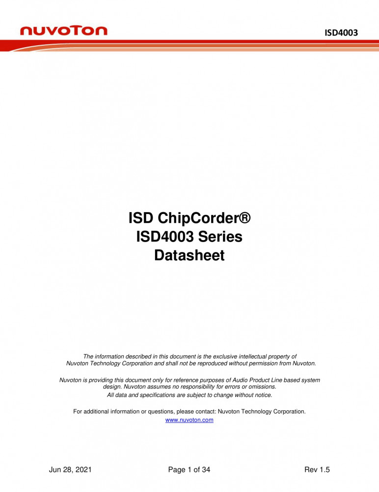 ISD4003 datasheet page 1