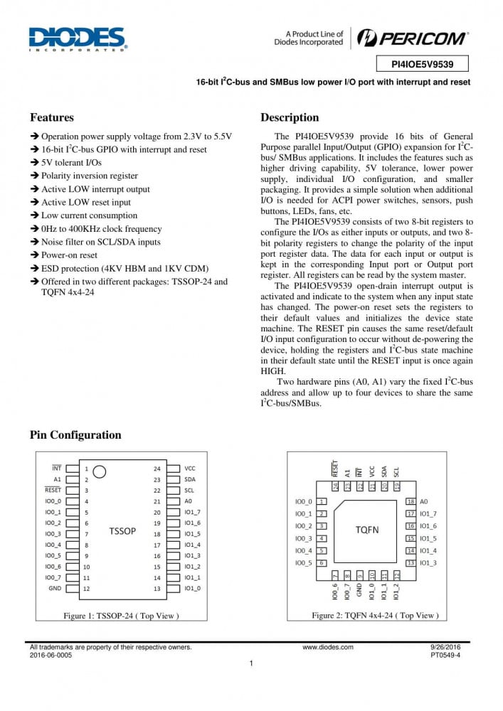 PI4IOE5V9539 datasheet page 1