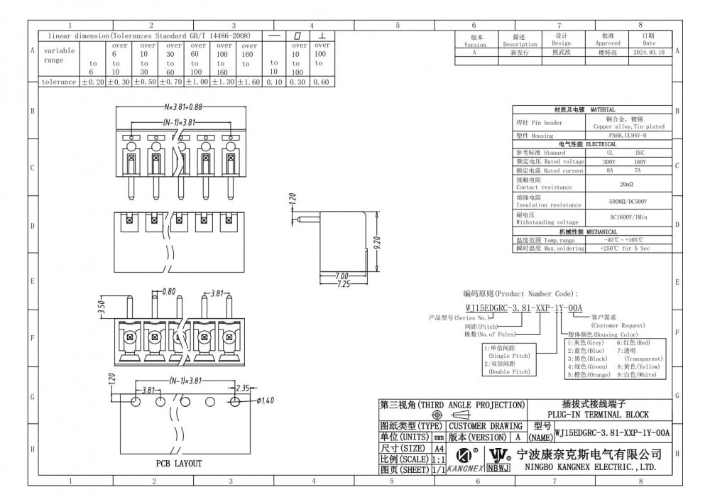 KANGNEX WJ15EDGRC-3.81-8P technical drawing page 1