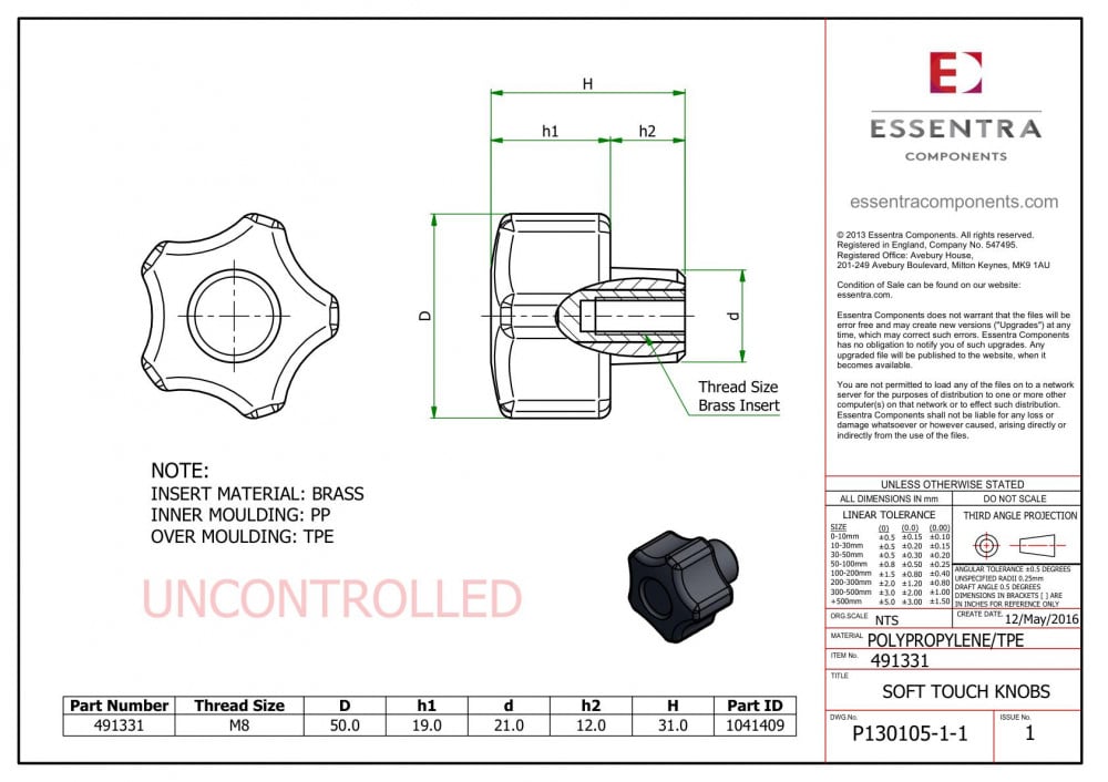 Essentra 491331 soft touch knob technical drawing