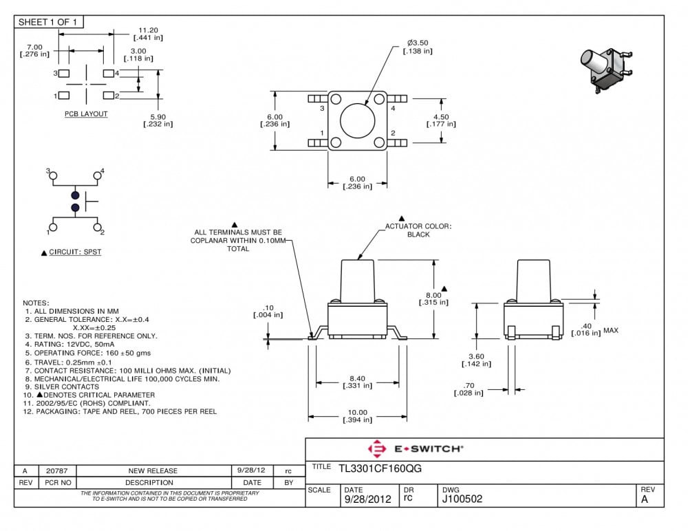 E-Switch TL3301CF160QG technical drawing