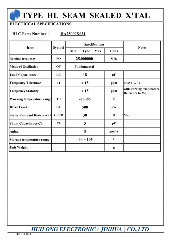 HA25000X031 specification page 2