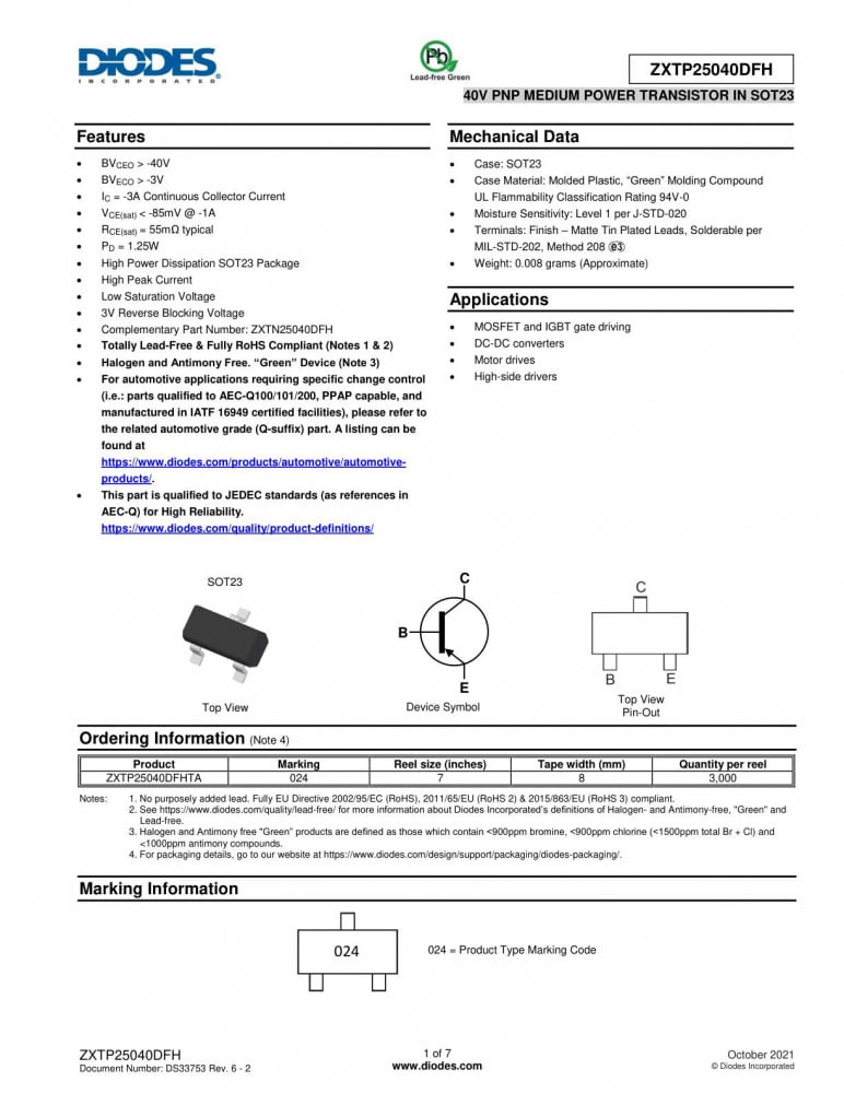 ZXTP25040DFHTA datasheet page 1