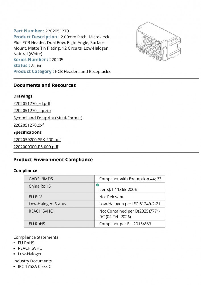 MOLEX 2202051270 technical document, page 1