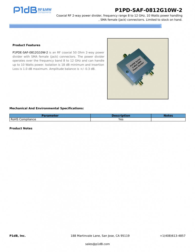 Product documentation image for the RF power divider