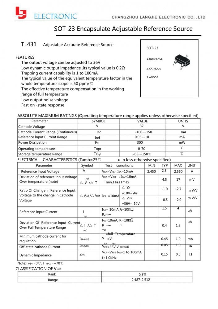 LangJie TL431-0.5% datasheet page 1