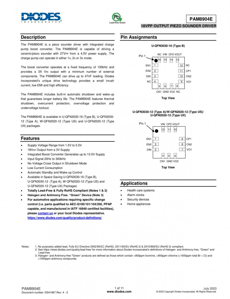 PAM8904E datasheet page 1