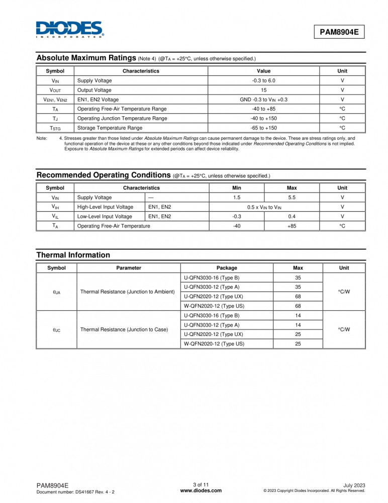 PAM8904E datasheet page 3