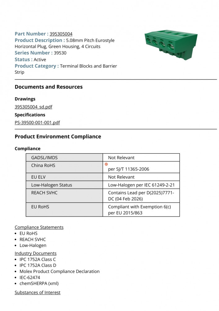 Technical document image for MOLEX 395305004, page 1