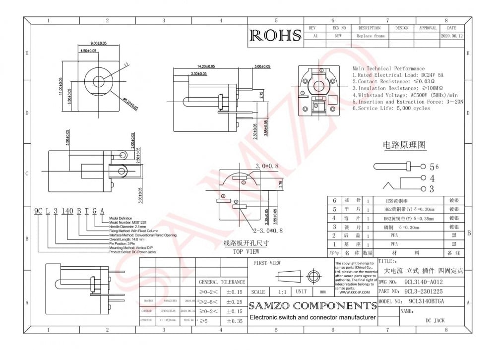 9CL3140BTGA technical drawing and specification sheet