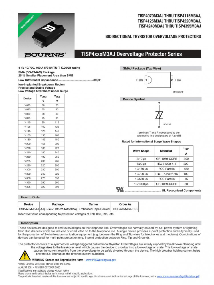 BOURNS TISP4145M3AJR-S datasheet page 1