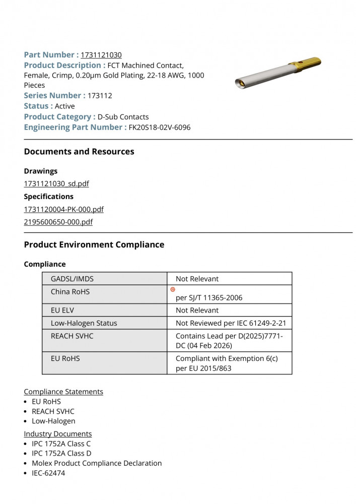 MOLEX 1731121030 technical document page 1