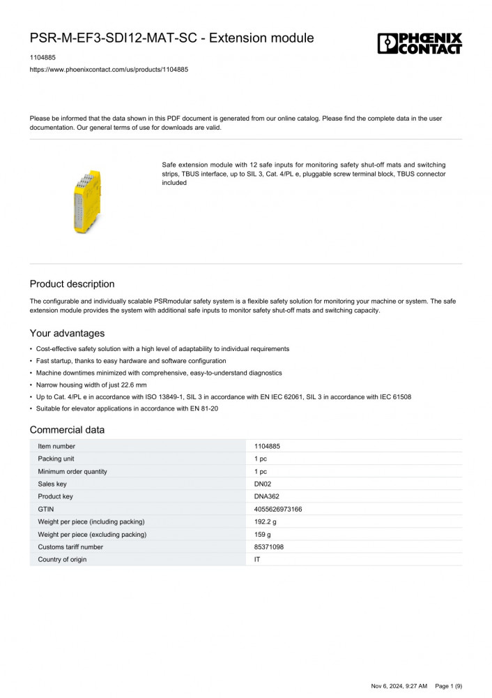 Phoenix Contact 1104885 technical document page 1