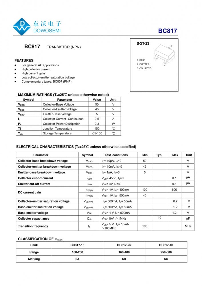 DOWO BC817 6B 160-400 datasheet page 1