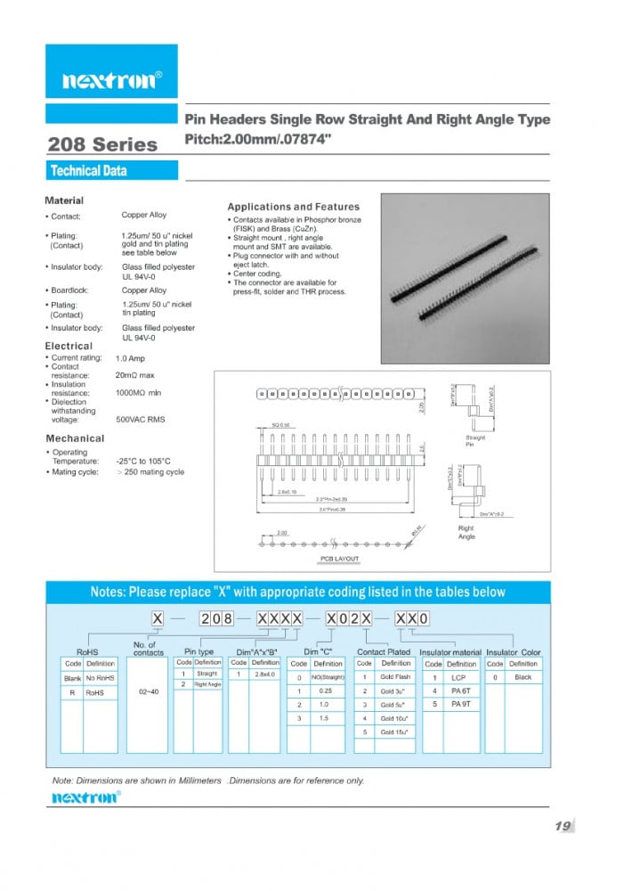 Nextron 208 Series pin header technical document