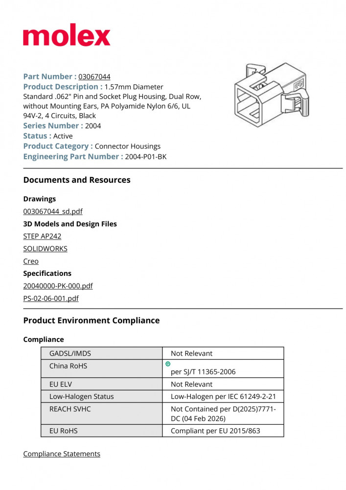 Molex .062 miniature pin terminals specification, page 1