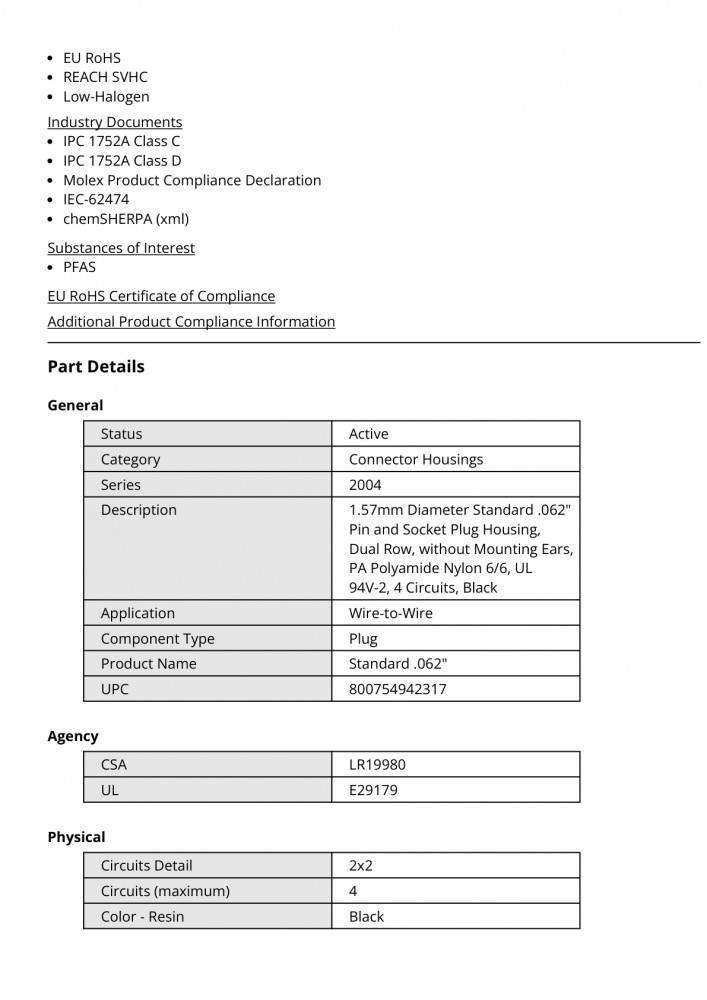 Molex .062 miniature pin terminals specification, page 2
