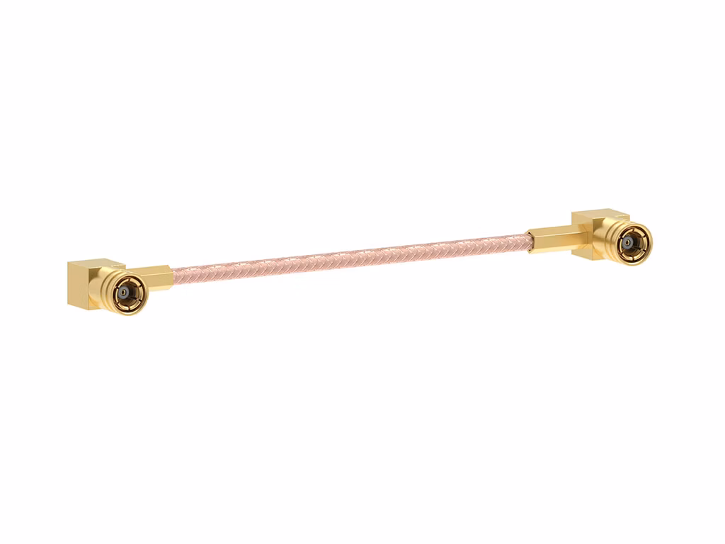 FAKRA SMB Straight Jack IP67 Keying Code D Bordeaux Violet to MCRF Right-Angle Plug pn 1.32mm Cable, 95.00mm Length, 50 Ohms