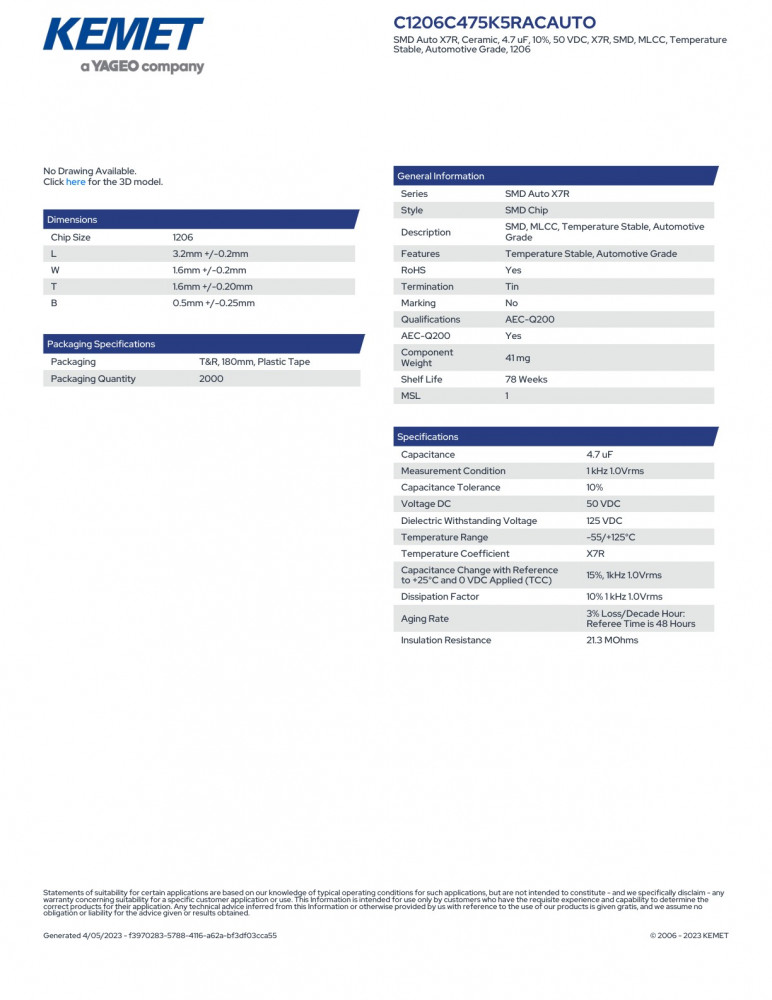 C1206C475K5RACAUTO technical document page 1