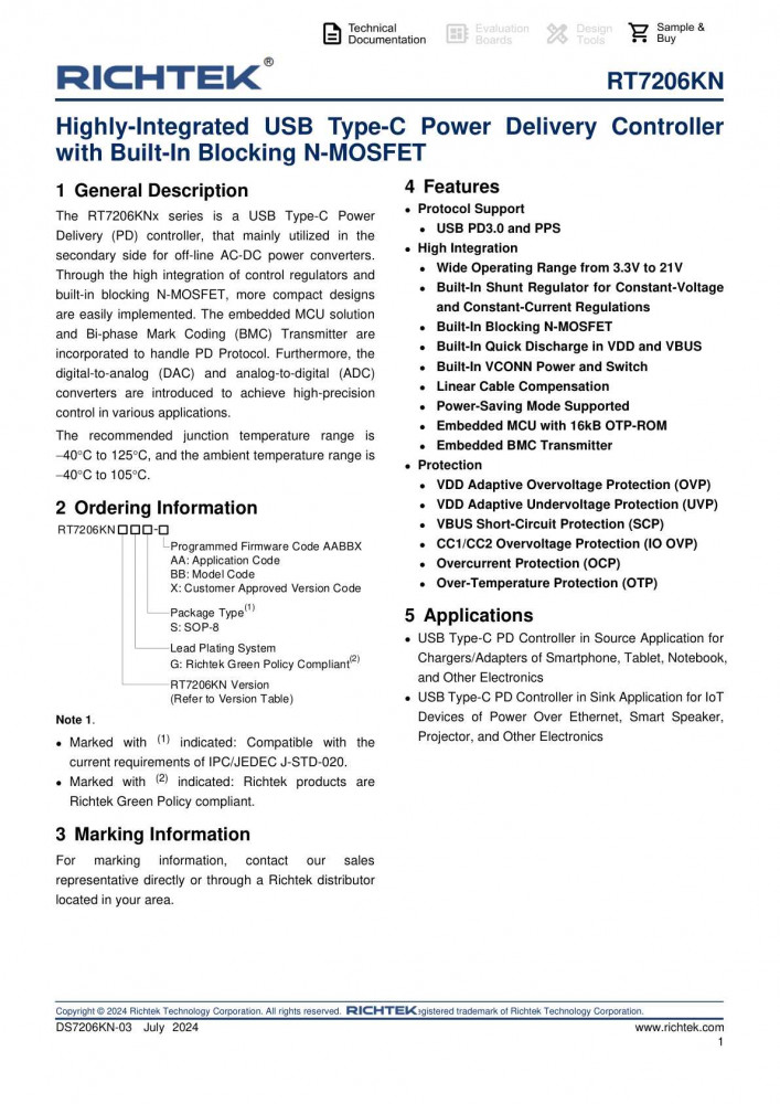 RT7206KN datasheet page 1
