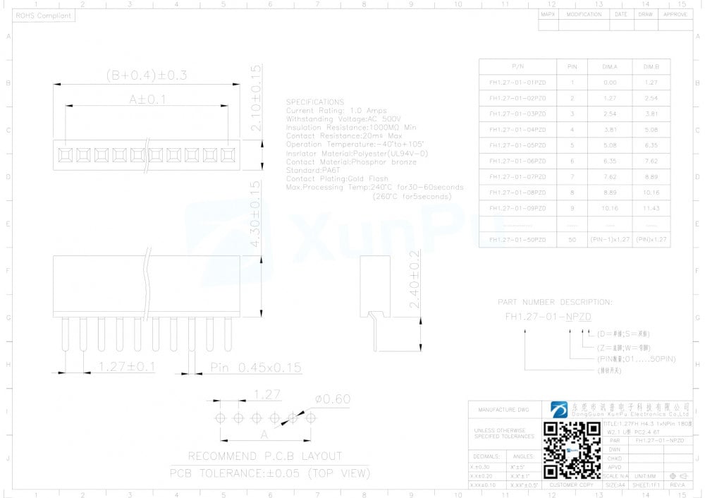 XUNPU FH1.27-01-08PZD technical drawing and specification page