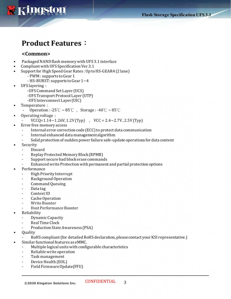 Kingston UFS datasheet page 3